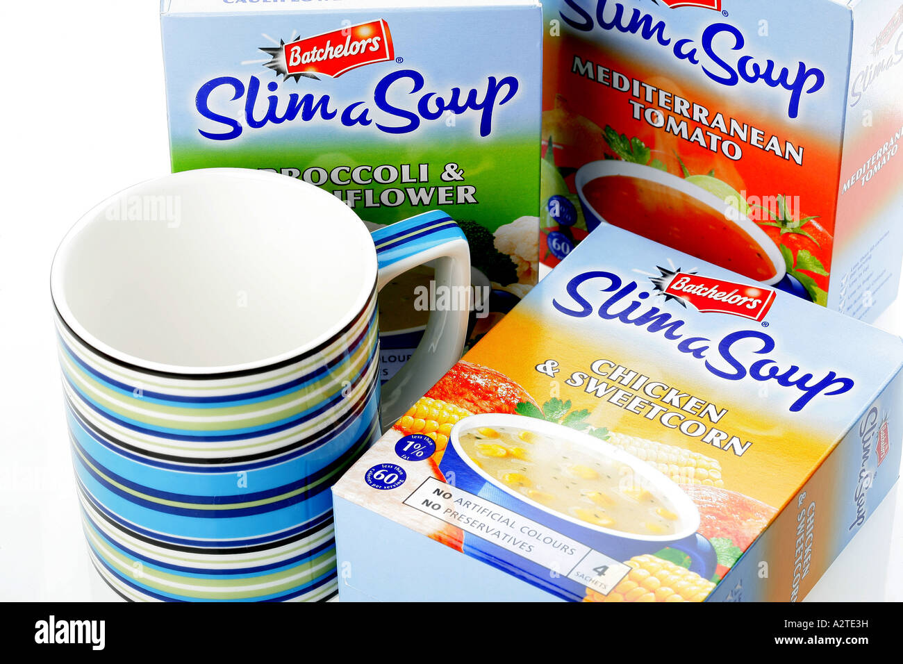 Boxes of Low Calorie Soup Sachets with a Cup Stock Photo - Alamy