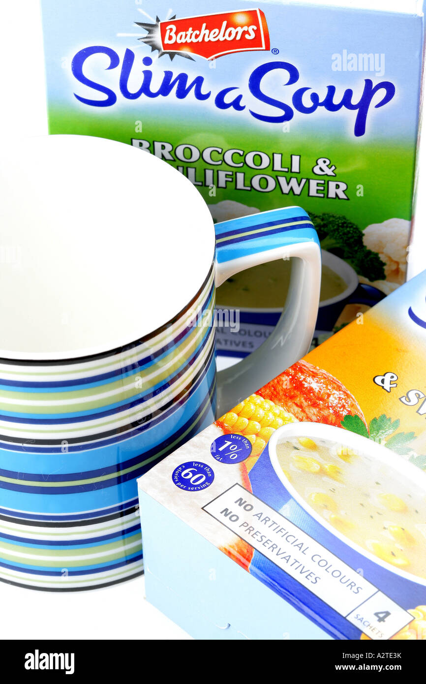 Boxes of Soup Sachets with a Cup Stock Photo - Alamy