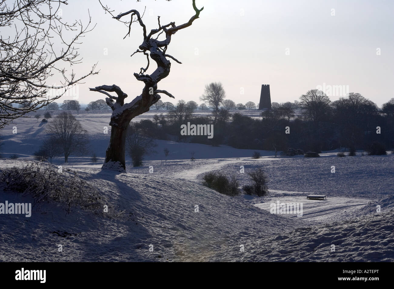 Black Mill and snow covered Westwood Common East Yorkshire England UK ...