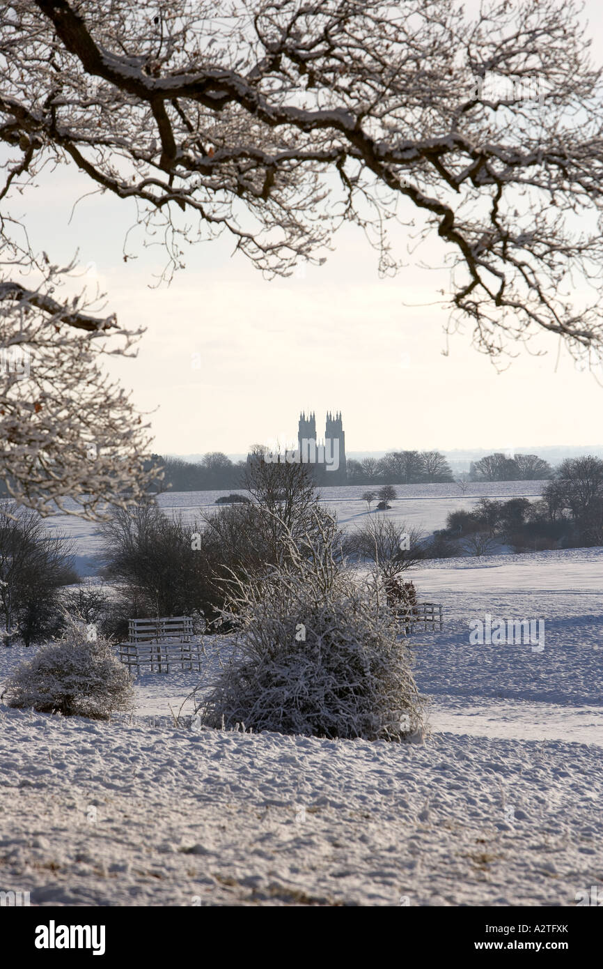 Beverley Minaster seen from Westwood Common carpeted in snow, Beverley ...