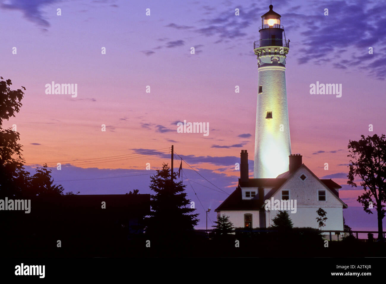 Windpoint Lighthouse at Lake Michigan at sunset, USA, Wisconsin, Racine ...