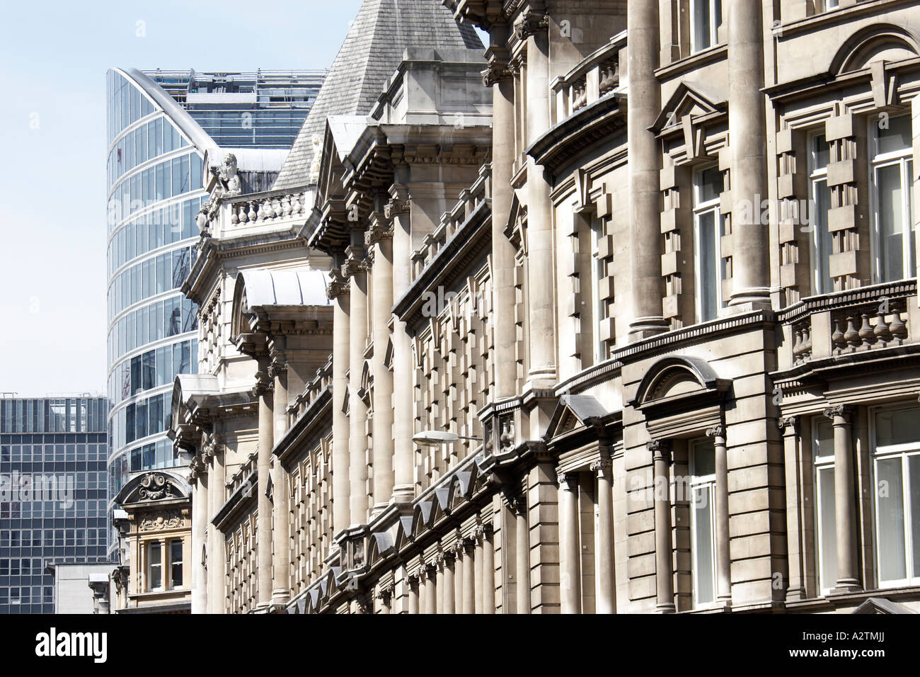 London Wall with classical limestone office buildings City of London ...