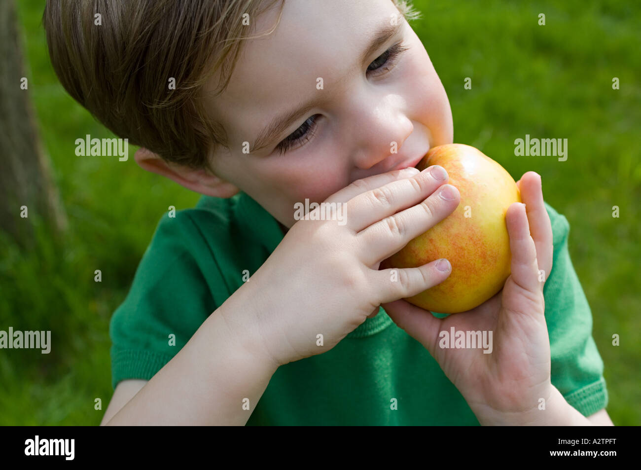 Boy eating an apple Stock Photo - Alamy