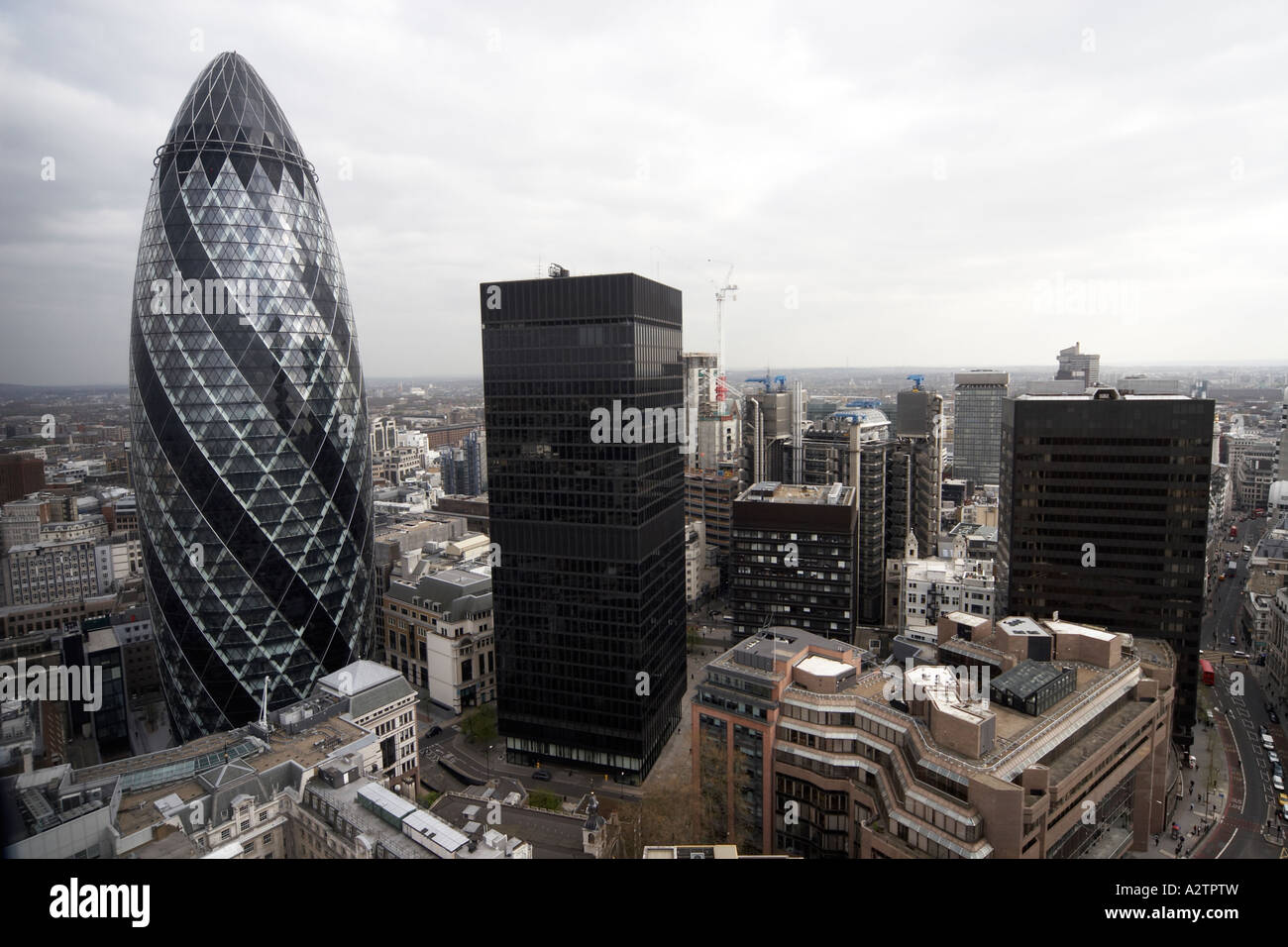 High level view south east of the Gherkin and City of London buildings ...