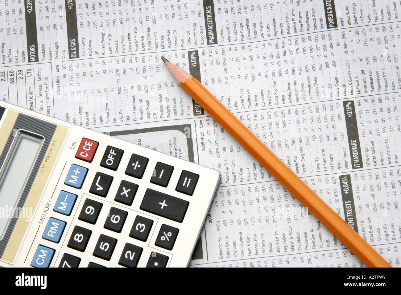 Financial pages ,calculator, pencil Stock Photo - Alamy