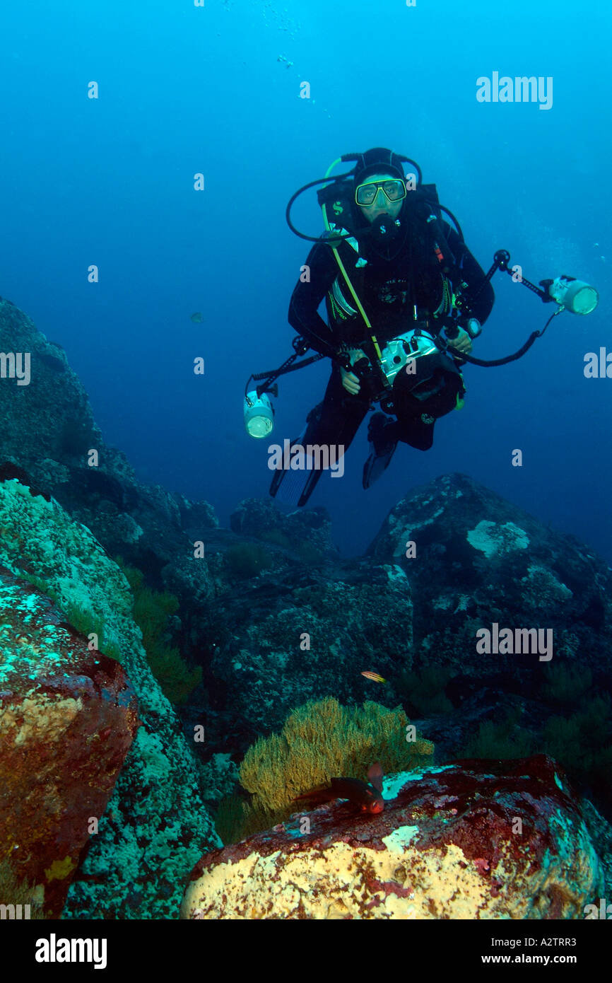 Diver swimming inside the Gordon Rocks Crater in Galapagos Stock Photo ...