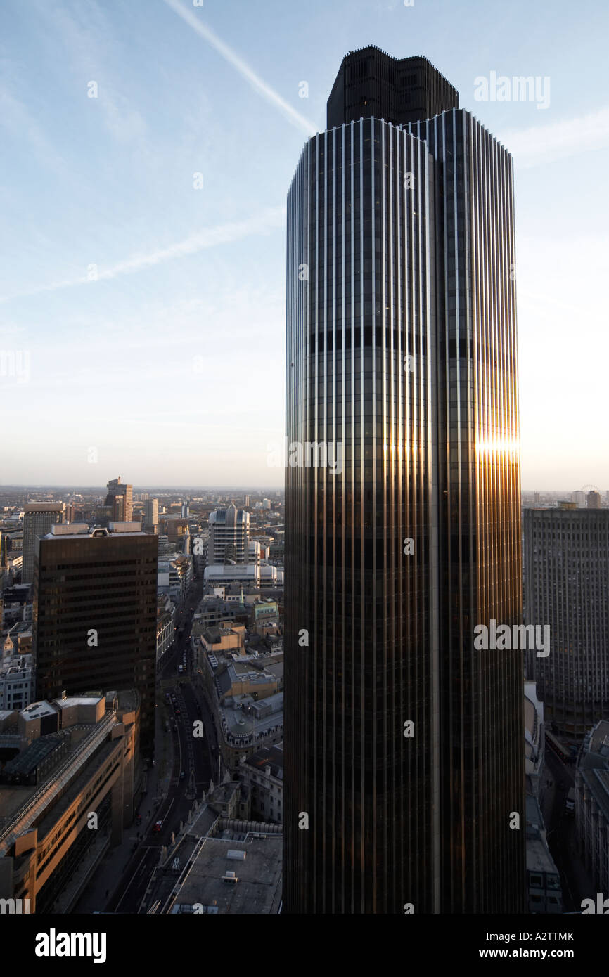 High level semi aerial view south of Tower 42 and office buildings from ...