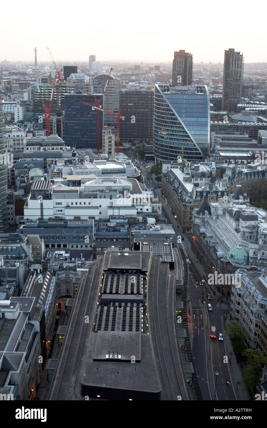 High level semi aerial view west of London Wall and office buildings at ...