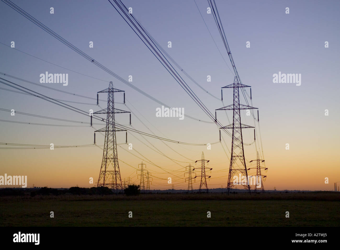 Power lines at sunset on Higham marshes, Kent Stock Photo - Alamy