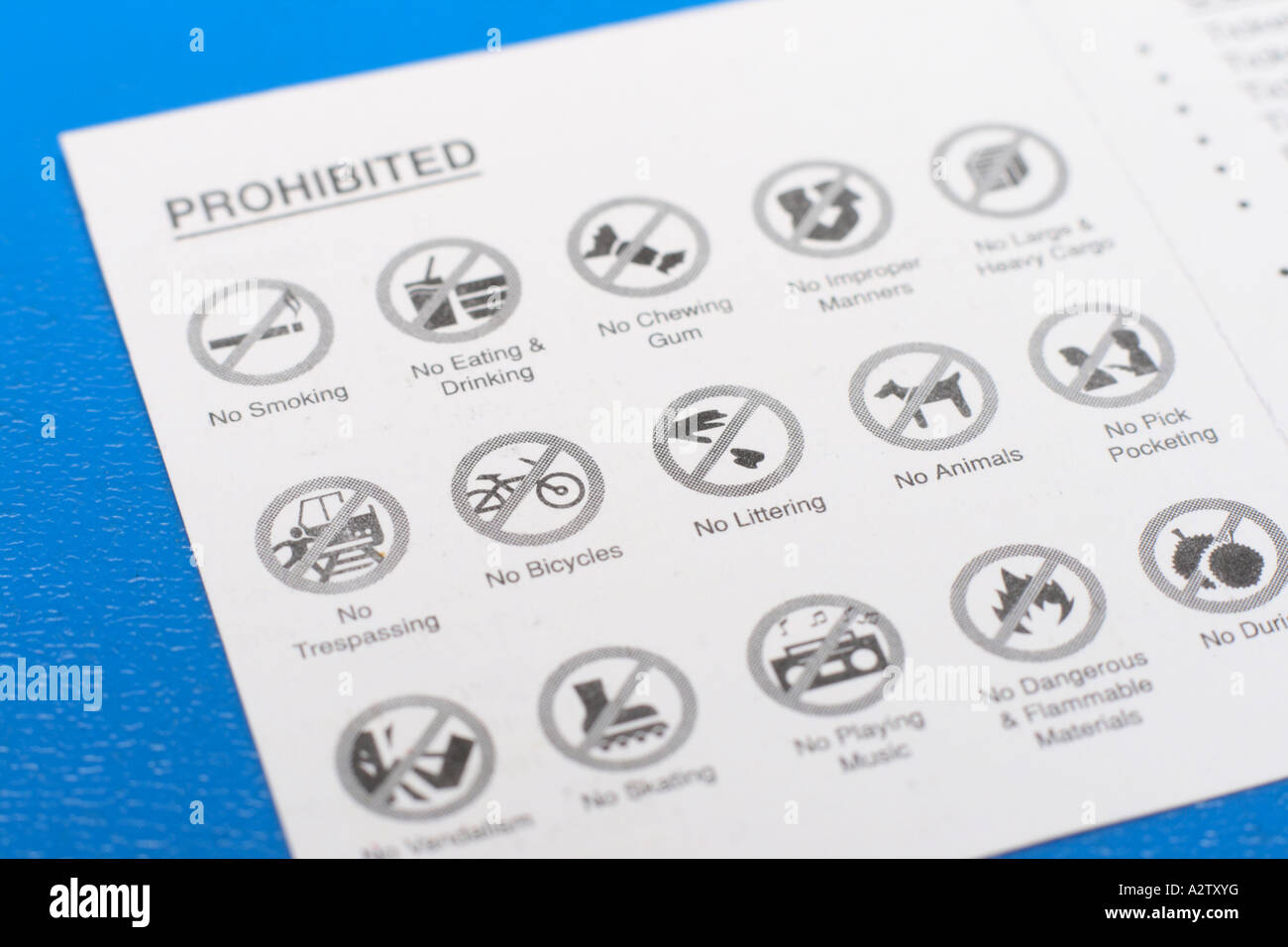 icons on a ticket showing things you cannot do on a train Stock Photo ...