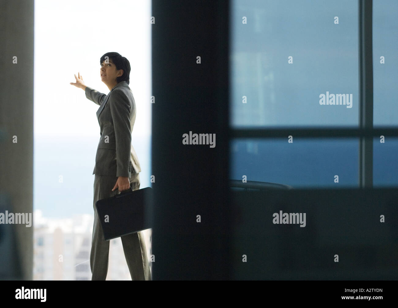 Woman standing with briefcase, next to bay window with arm out, looking ...
