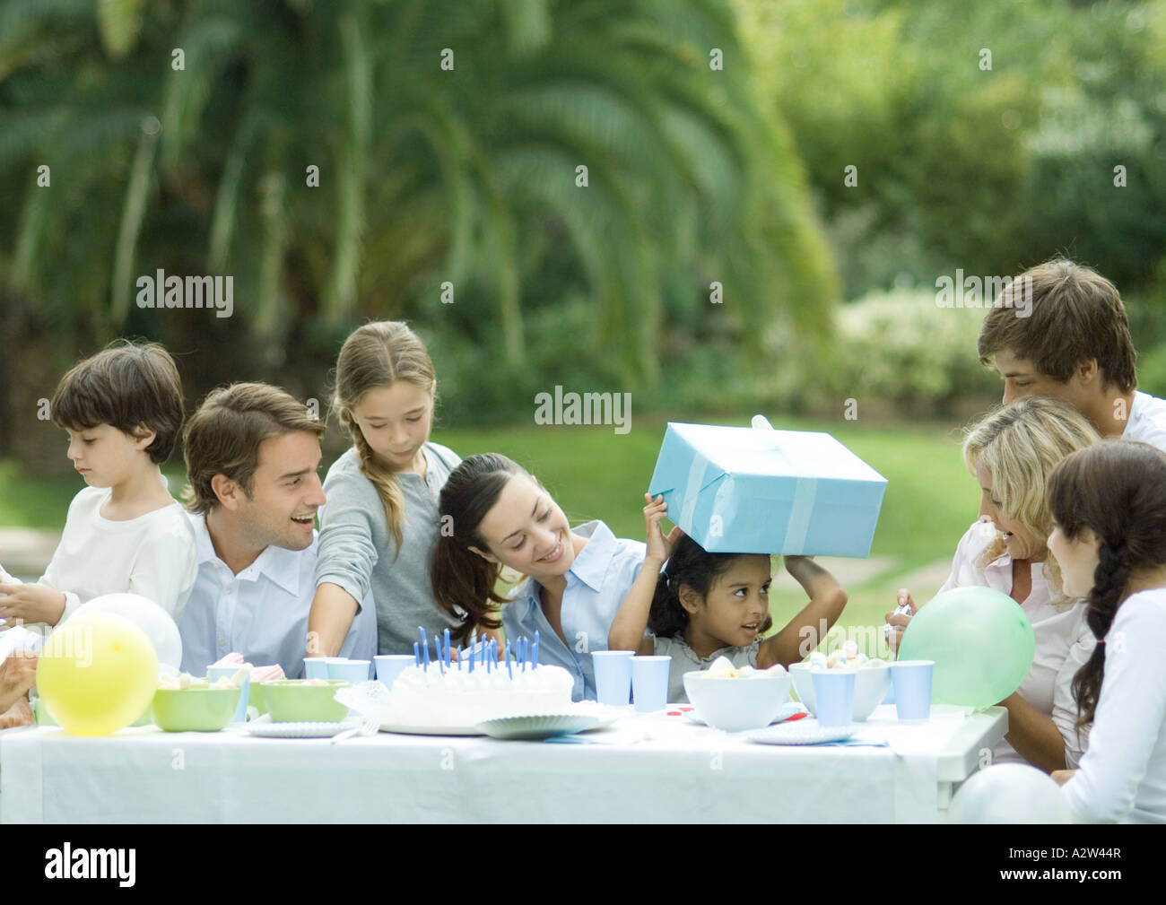 Family having outdoor birthday party Stock Photo - Alamy