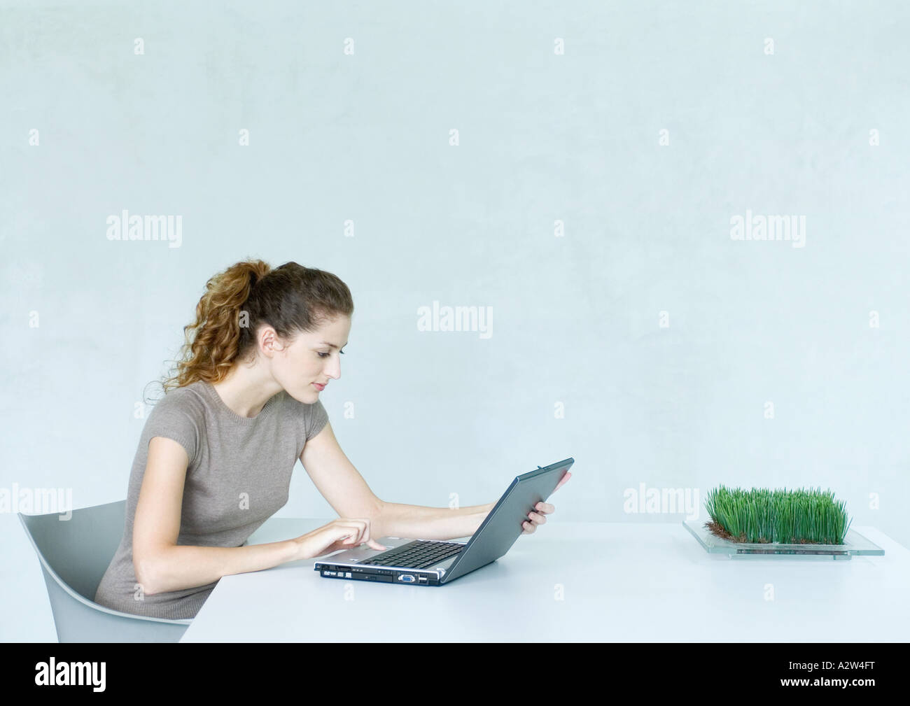 Woman using laptop computer at table Stock Photo - Alamy