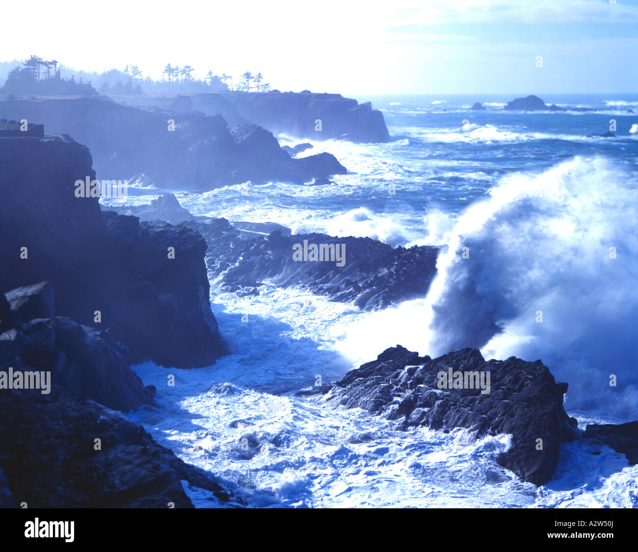 Big surf surges into rocky shoreline at Shore Acres State Park near ...