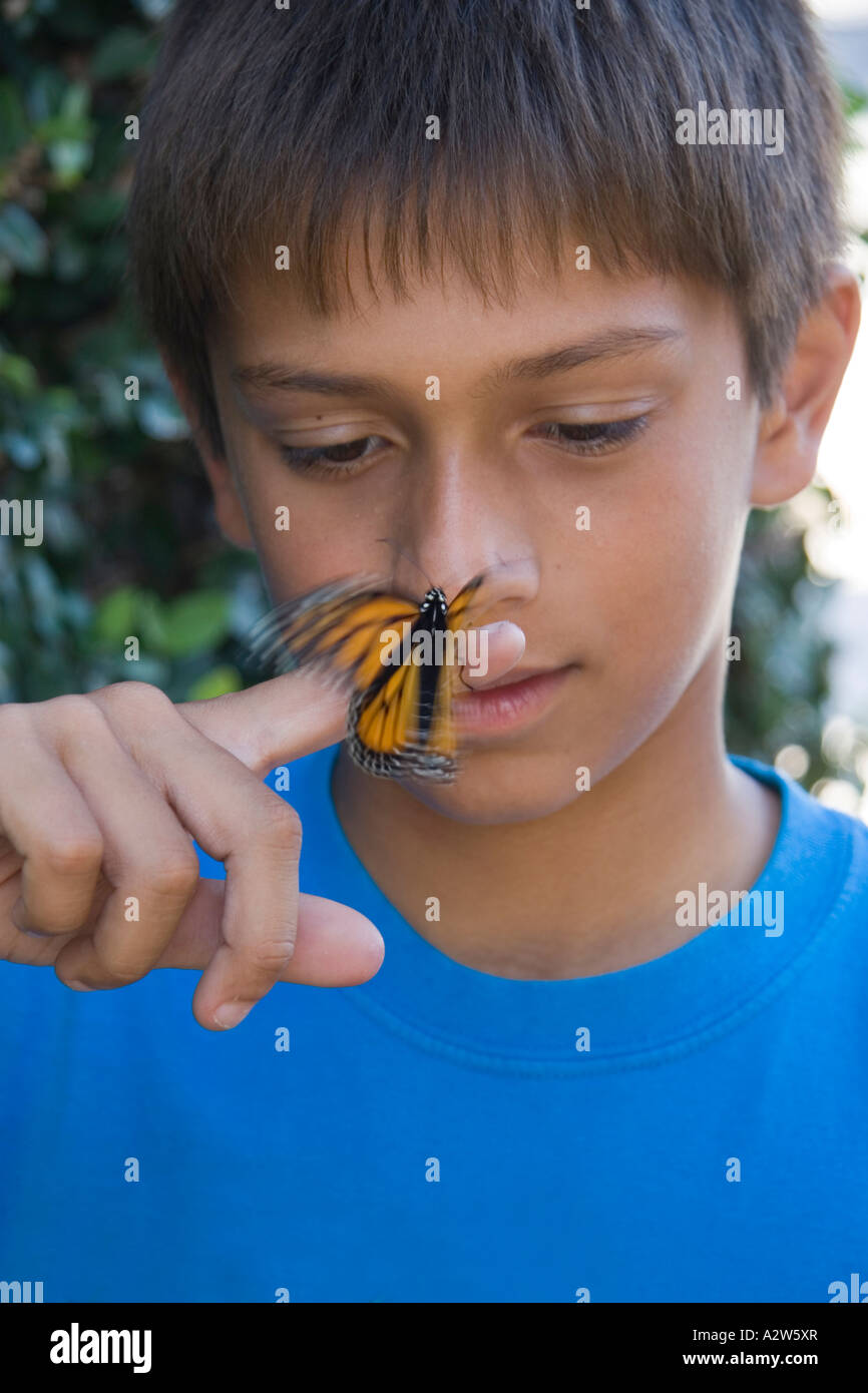 Boy holding a Monarch butterfly Stock Photo - Alamy