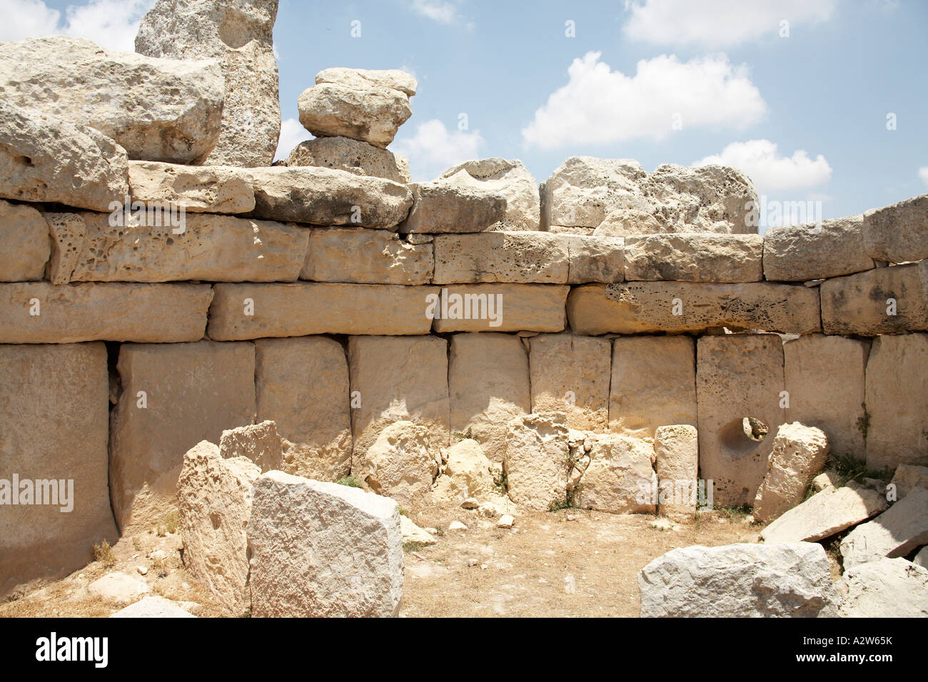 Megalithic stone temple Hagar Qim lower levels of corbelled arch roof ...
