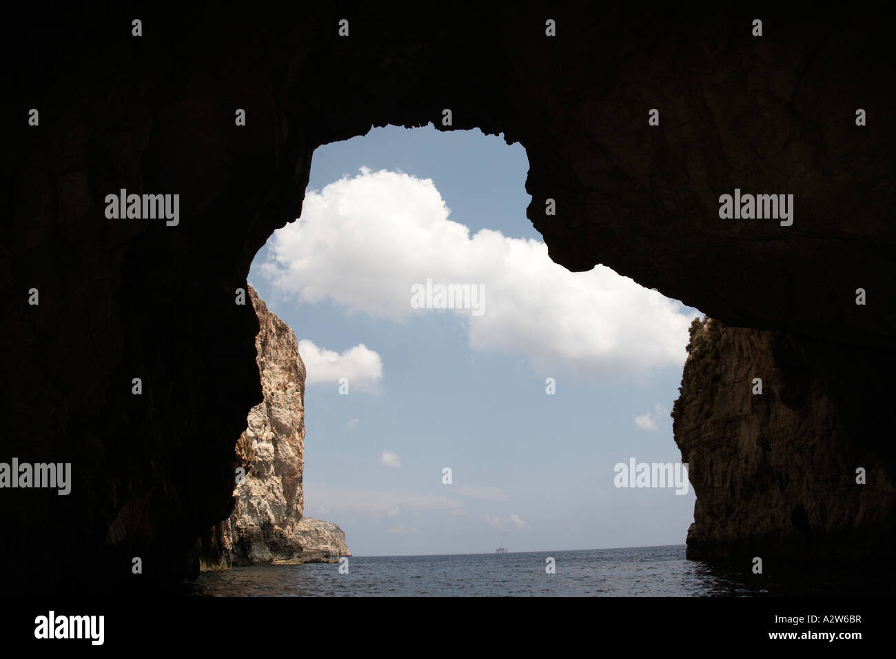 Rock formations in limestone sea cliffs at the Blue Gotto cave Malta ...