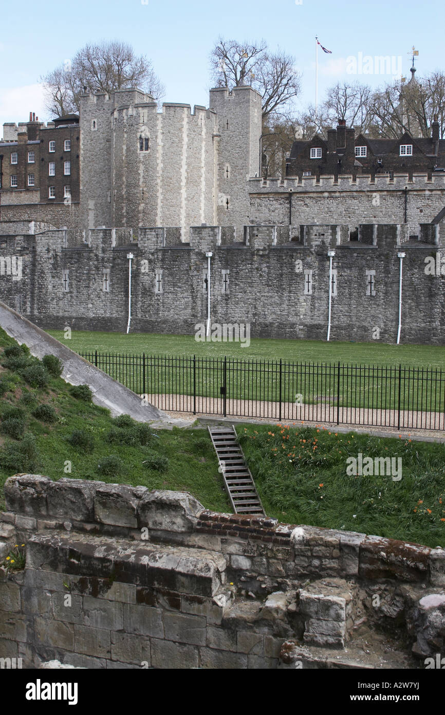 Tower of London west side walls with grass moat ditch City of London ...