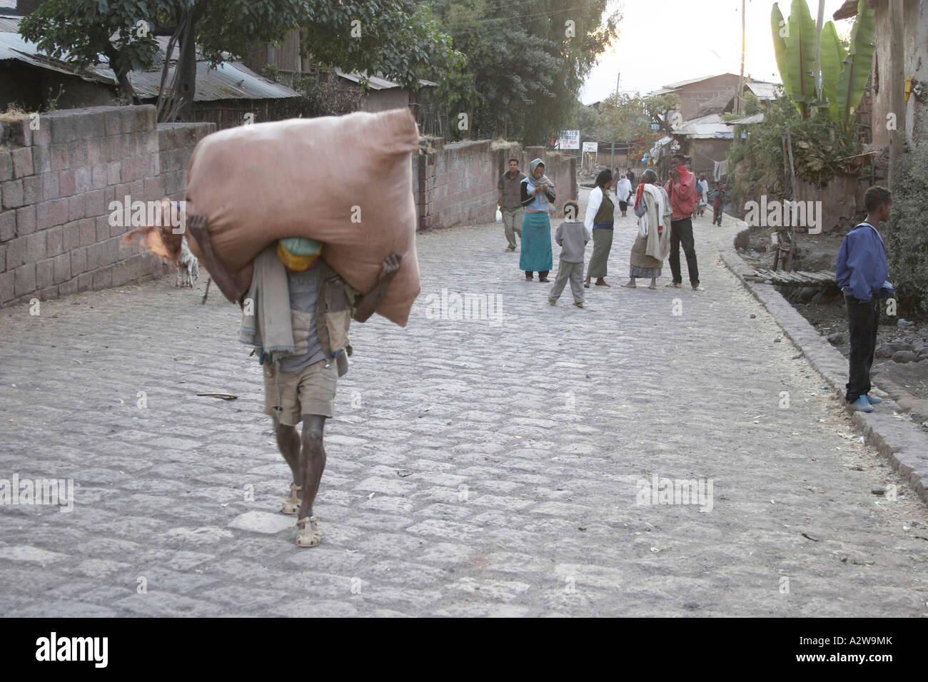 Person or child carrying heavy sack on street in Lalibela Ethiopia ...