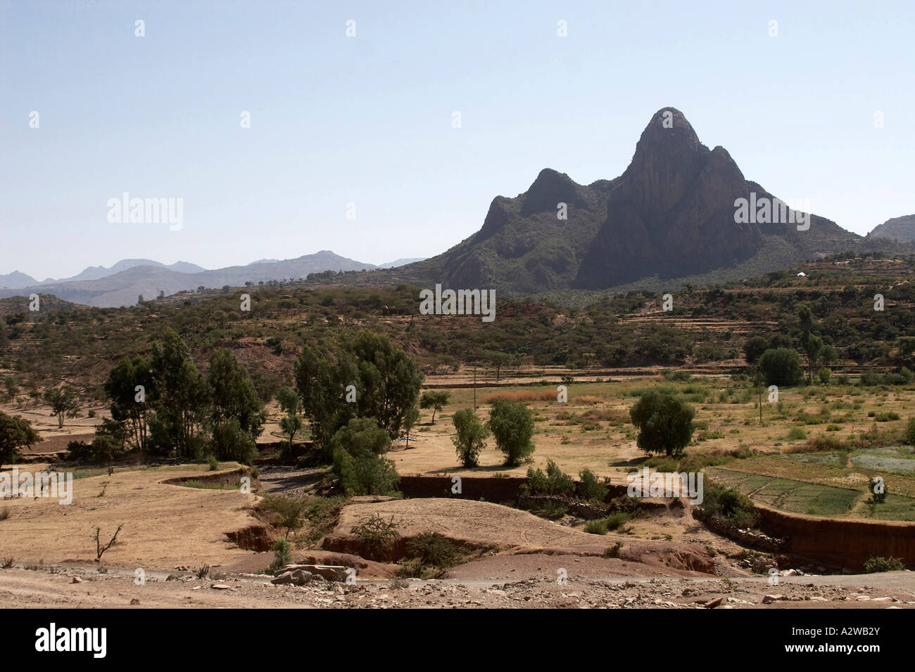 Adwa mountains in distance beyond cultivated fields of Yeha in northern ...
