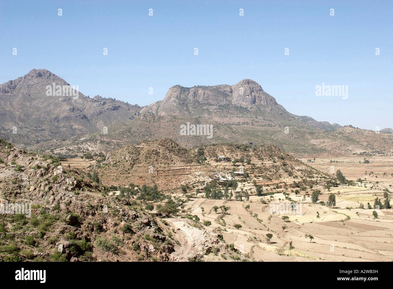 Adwa mountains in distance beyond cultivated fields of Yeha in northern ...