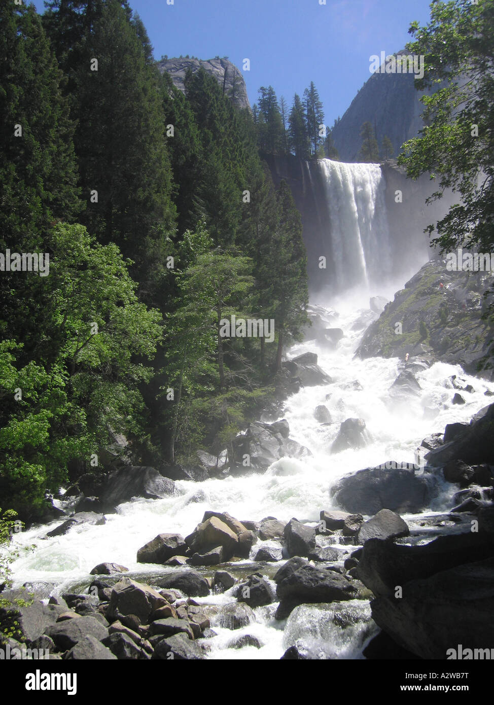 Waterfall in distance of Yosemite National Park with water flowing over ...