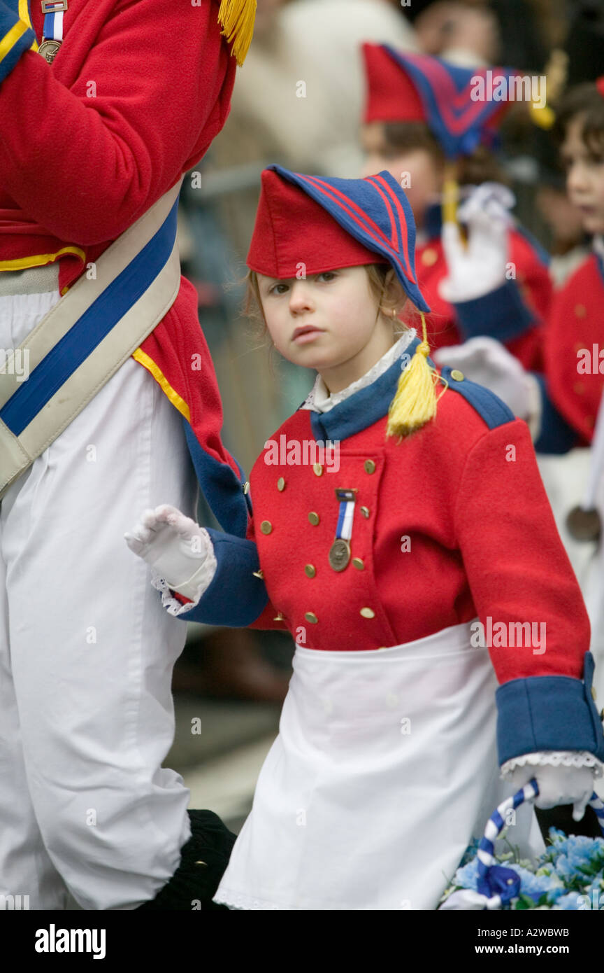 Young Basque child wearing military costume during La Tamborrada ...