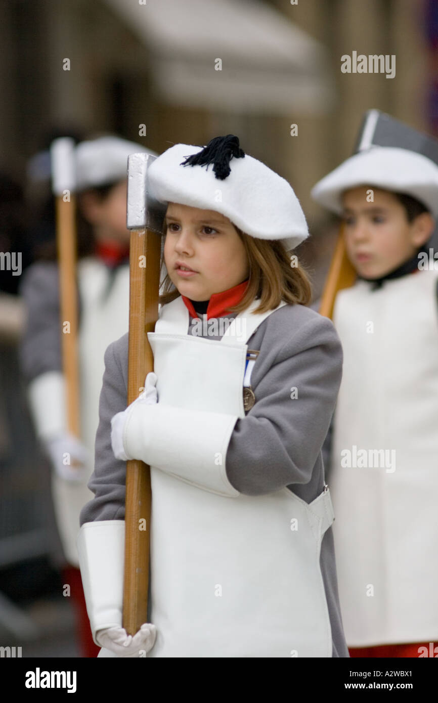 Young Basque children wearing period costume parade during La ...