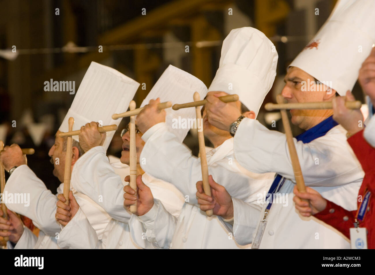 Basque men wearing white chefs outfits during La Tamborrada, Donostia ...