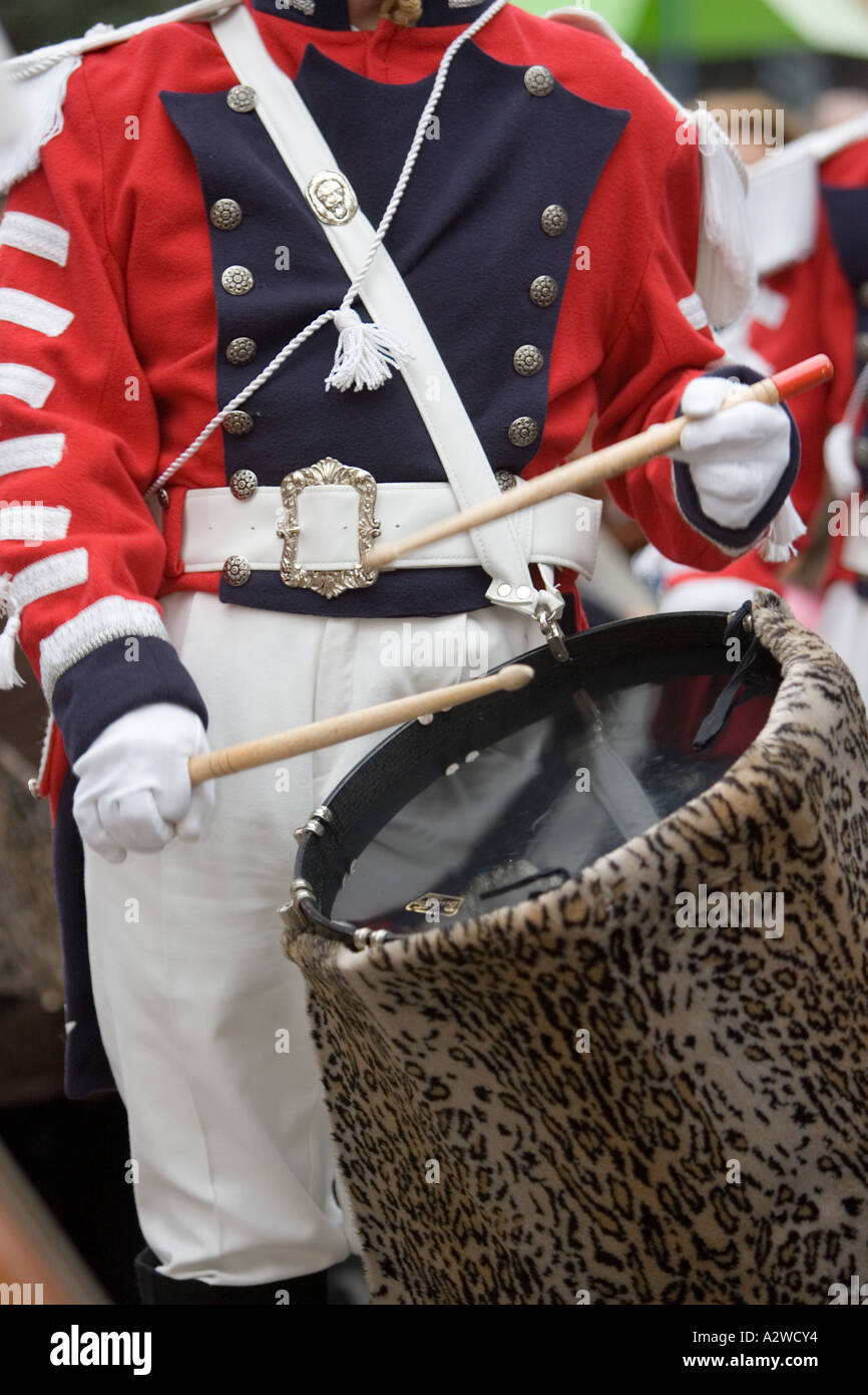 Basque man in period military costume drumming, La Tamborrada, Donostia ...