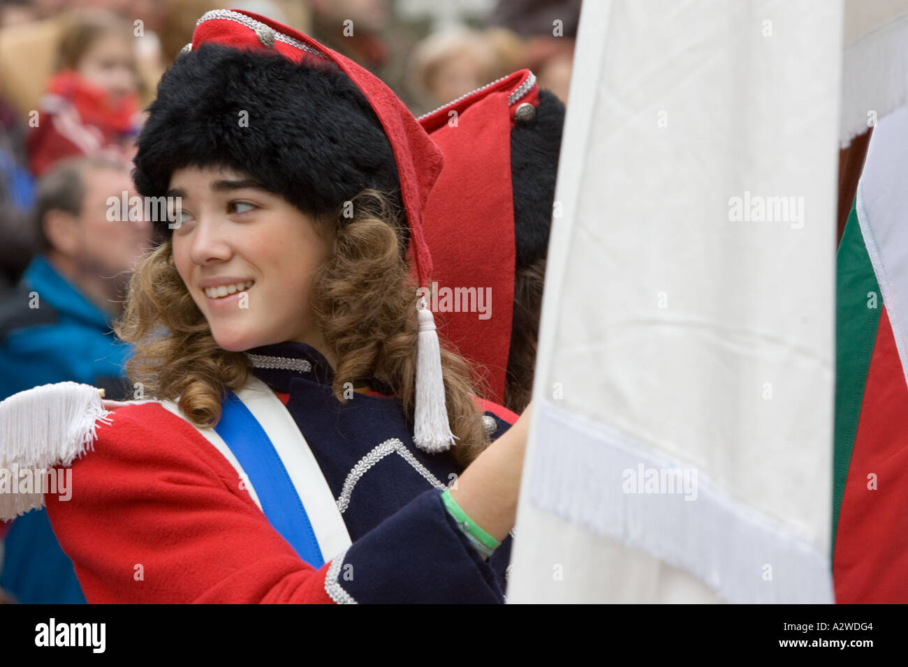 Young Basque woman holding a banner, La Tamborrada, Donostia San ...