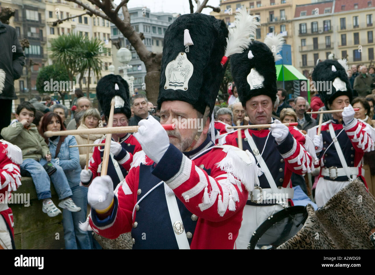 Basque men in period costume parade, La Tamborrada, Donostia San ...