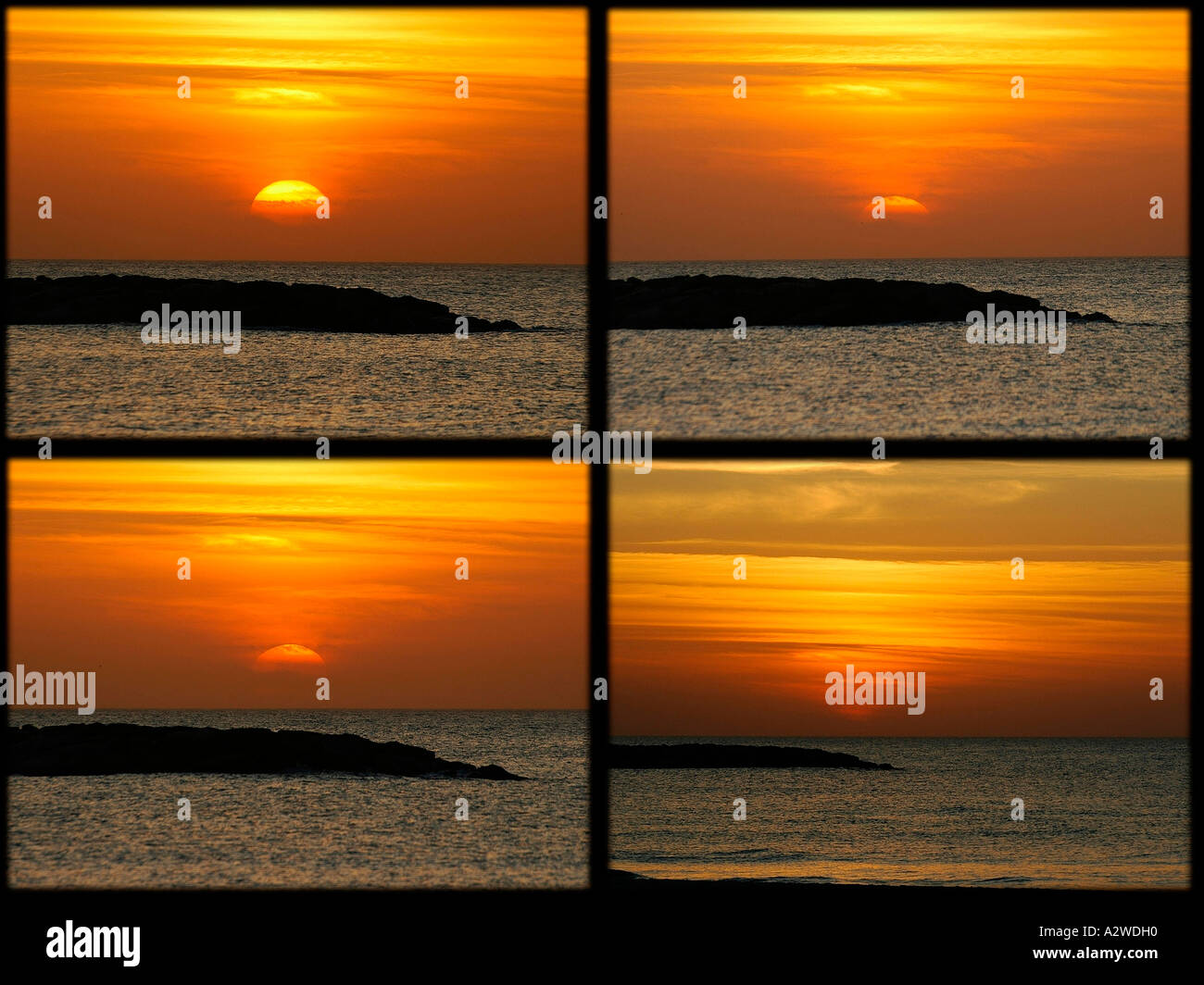 4 pictures of the progress of the sun setting combined in a collage in ...