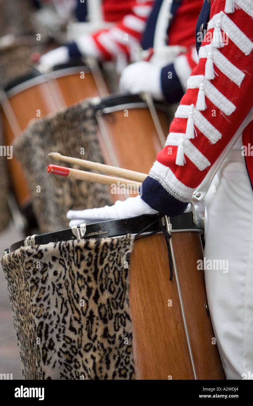 Basque men wearing traditional military uniforms drumming, La ...