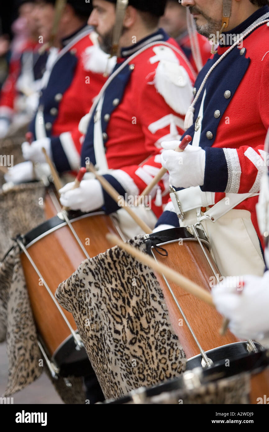 Basque men wearing traditional military uniforms drumming, La ...