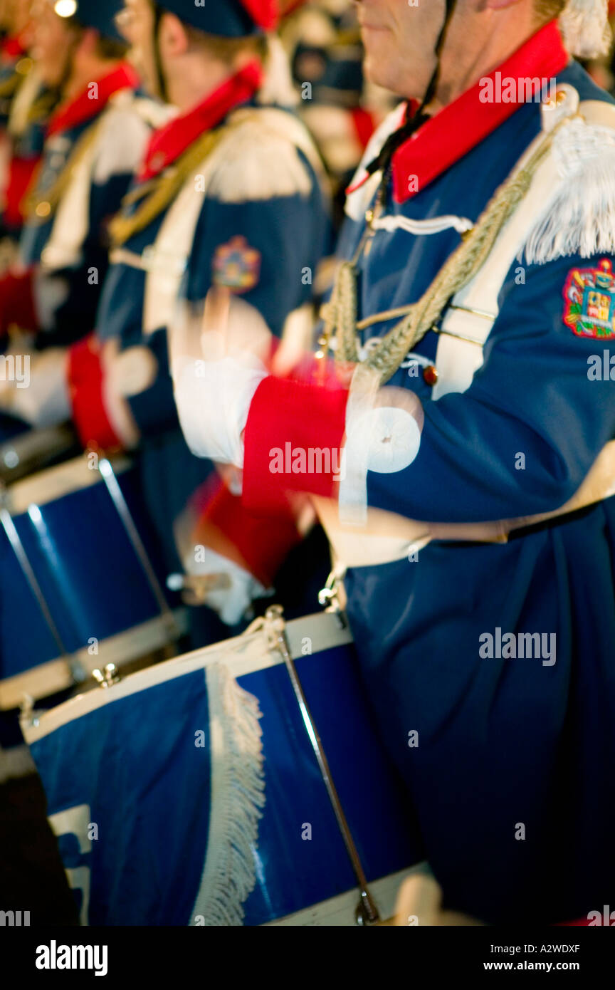 Basque men in period costume drumming during La Tamborrada, Donostia ...