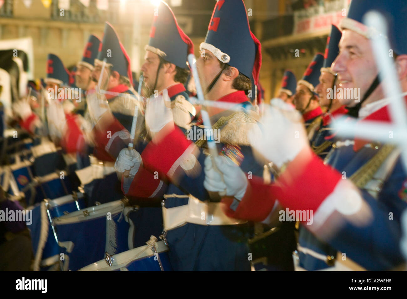 Basque men in period costume drumming during La Tamborrada, San ...