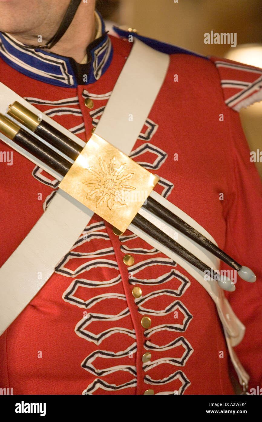 Detail of period costume during opening ceremony of La Tamborrada ...