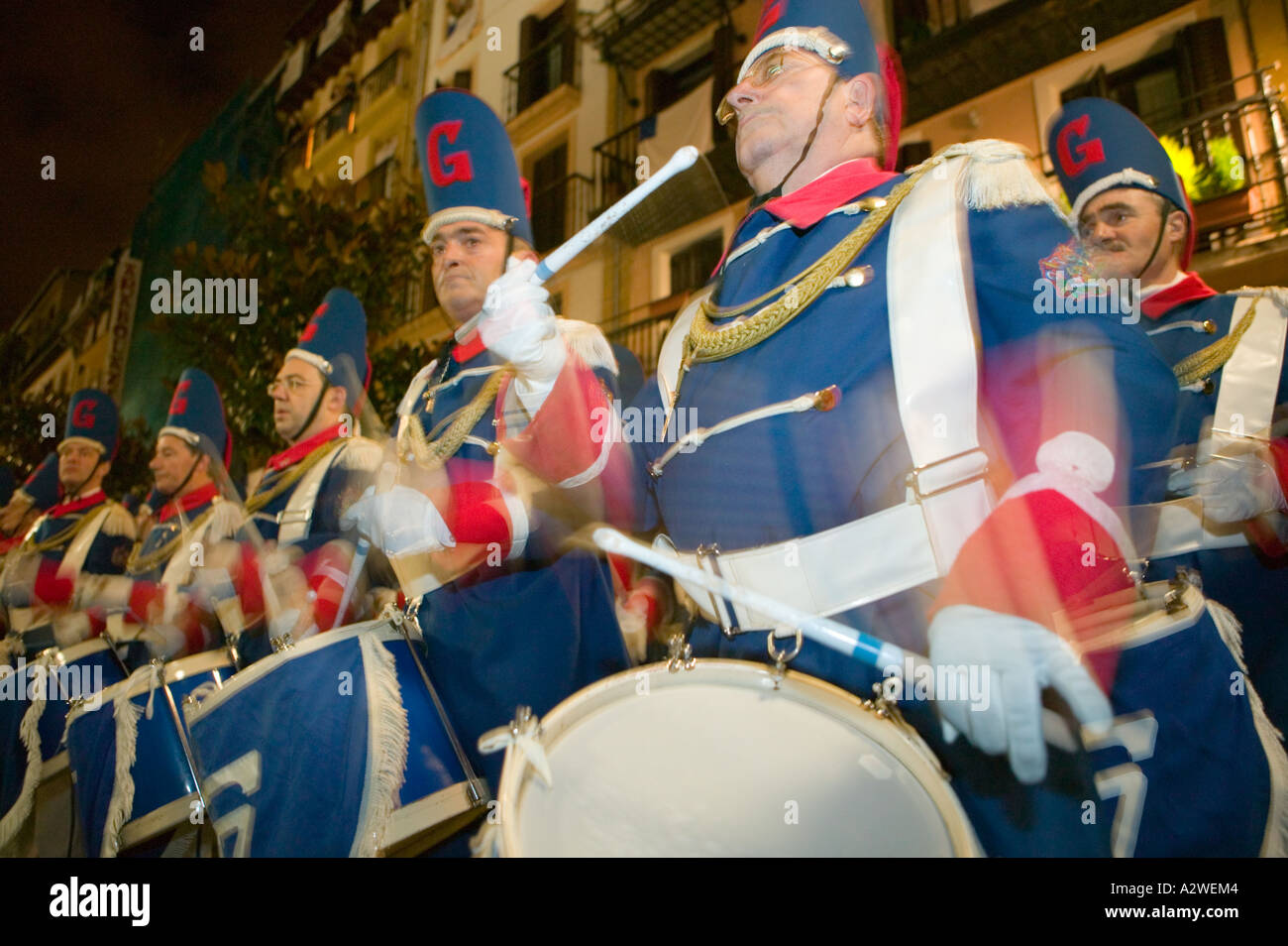 Basque men in period costume drumming during La Tamborrada, San ...