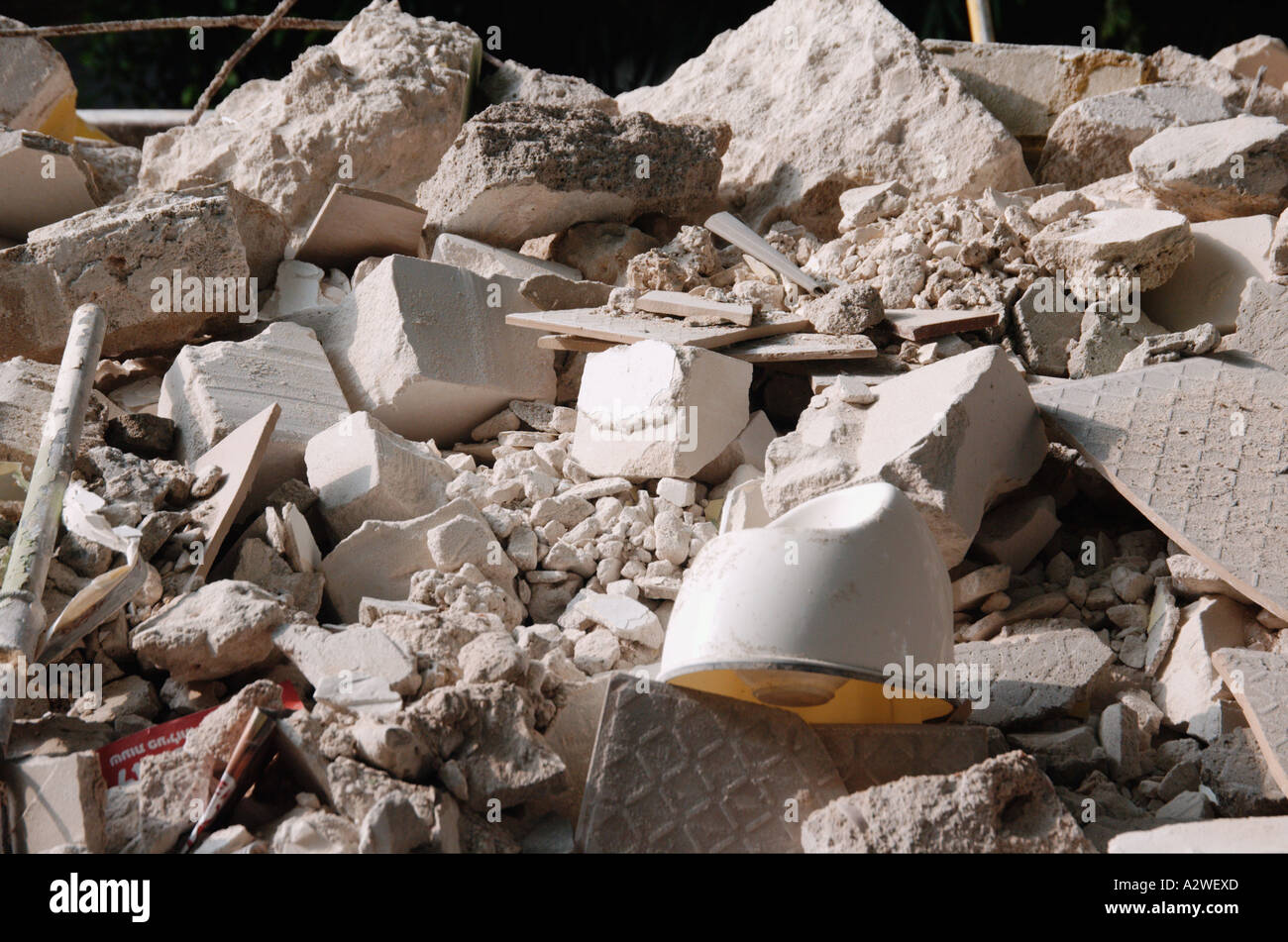 Concrete stones and bricks scrap after a demolition of an old building ...