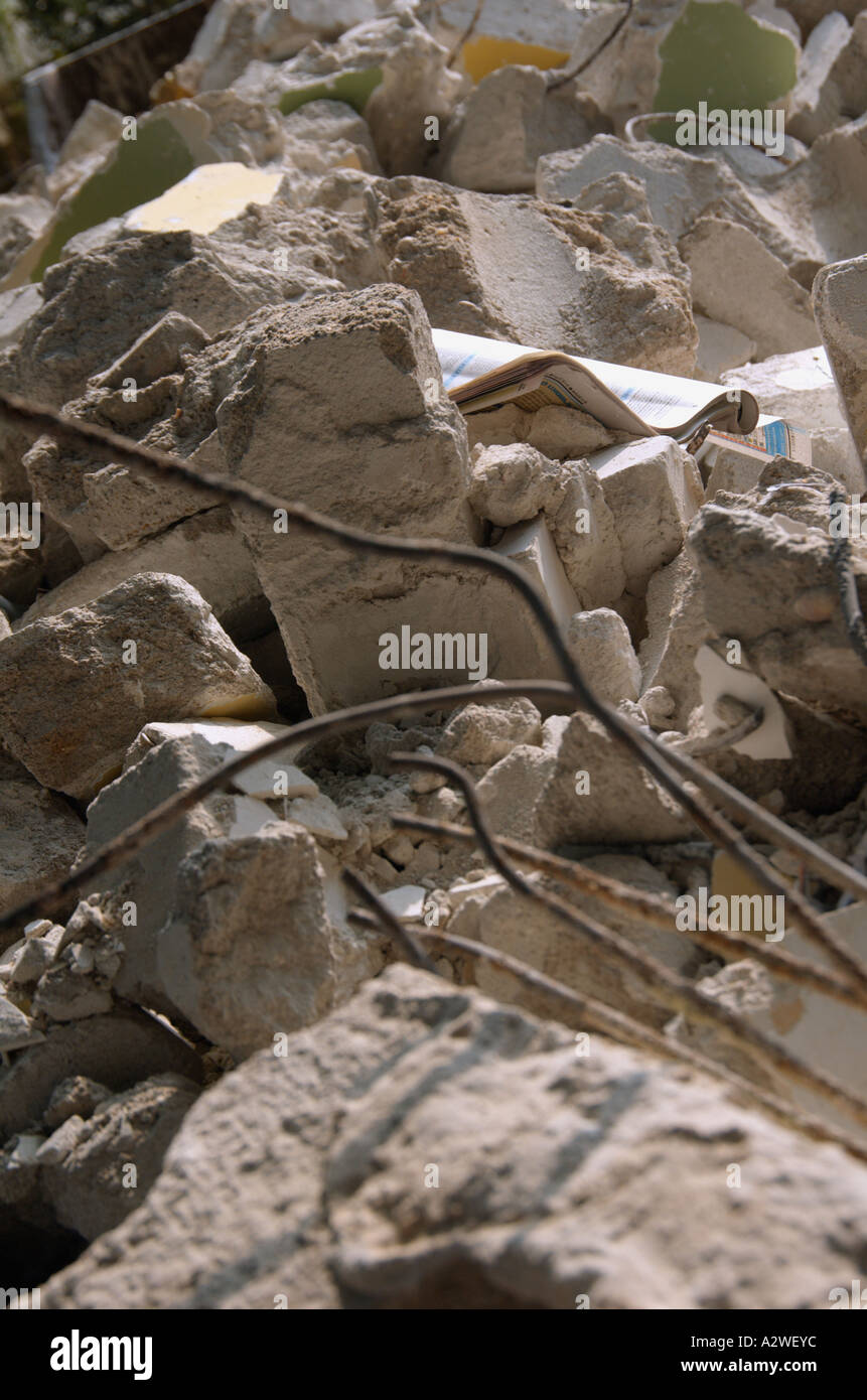 Concrete stones and bricks scrap after a demolition of an old building ...