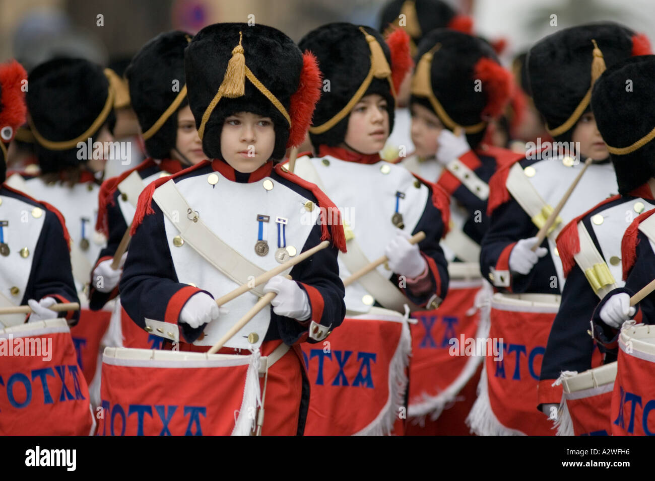 Basque children parade in uniform during La Tamborrada, San Sebastian ...