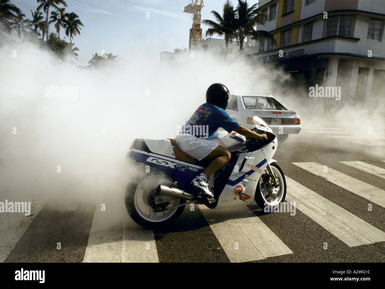 motorbike exhaust fumes miami beach 1992 Stock Photo - Alamy