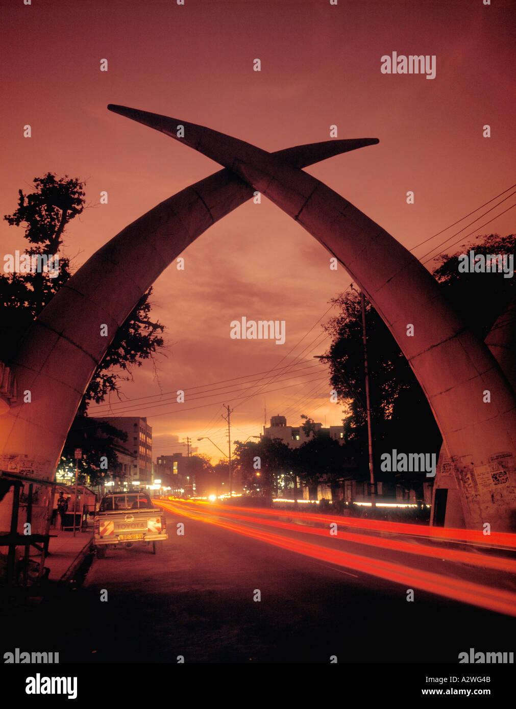 Mombasa Kenya East Africa The Tusks monument at dusk Stock Photo - Alamy