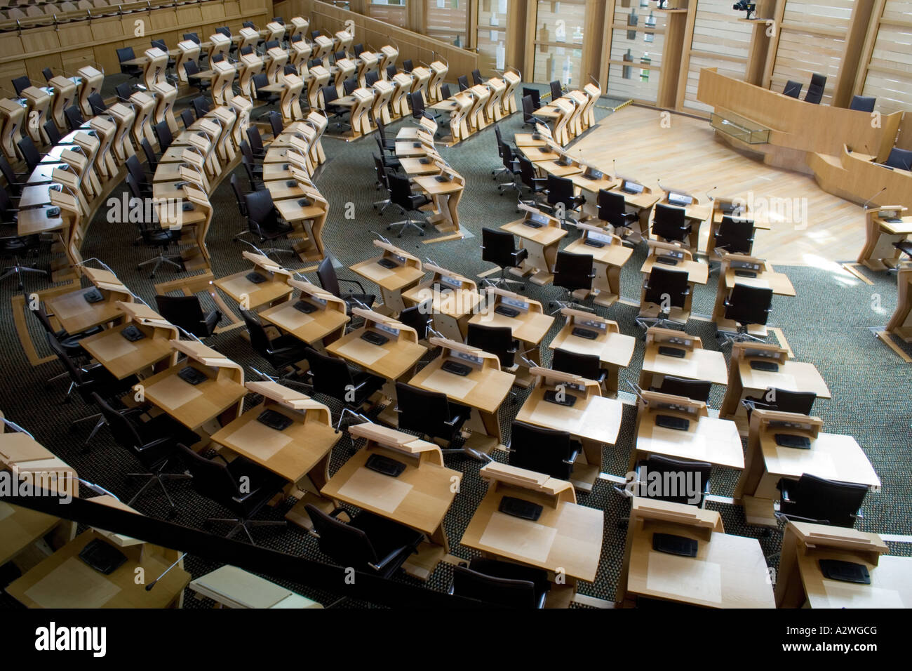 The debating chamber in the Scottish parliament building Holyrood ...