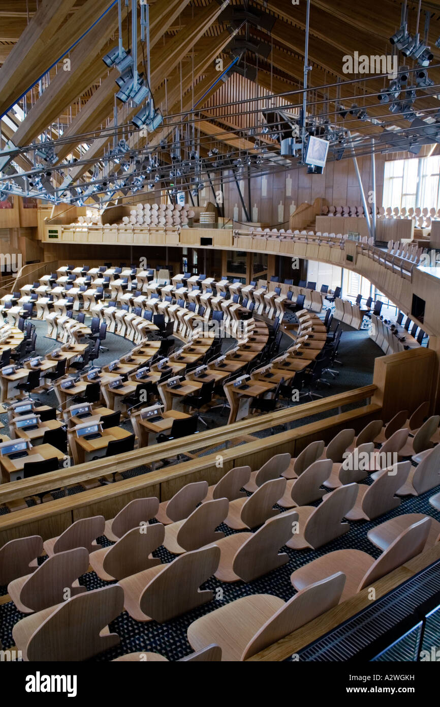 The debating chamber in the Scottish parliament building Holyrood ...