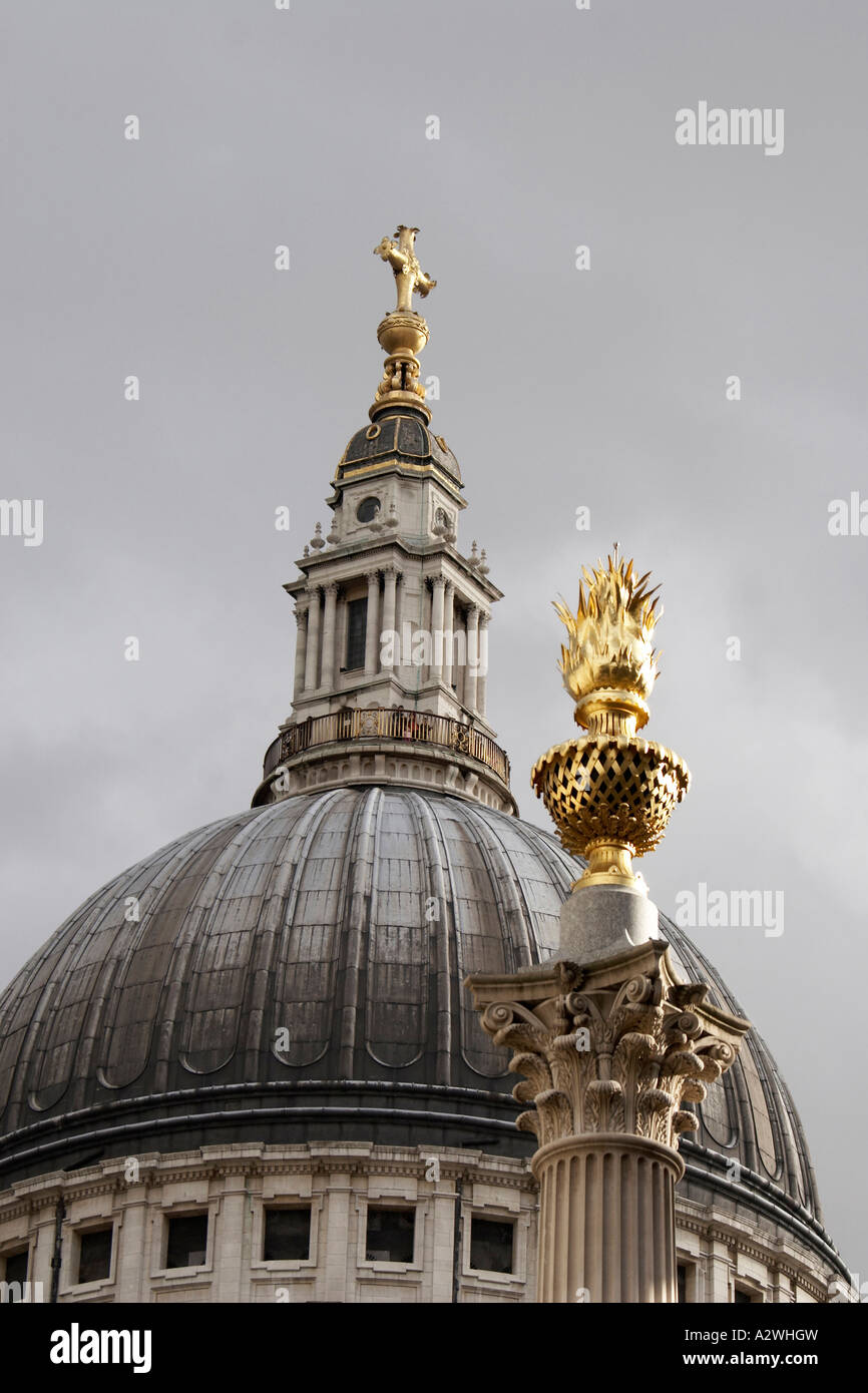 St Paul s Cathedral dome and golden cross with sculpture of flames in ...