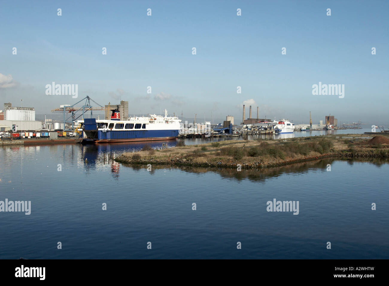 Belfast Harbour docks with cranes feries and ships Northern Ireland UK ...