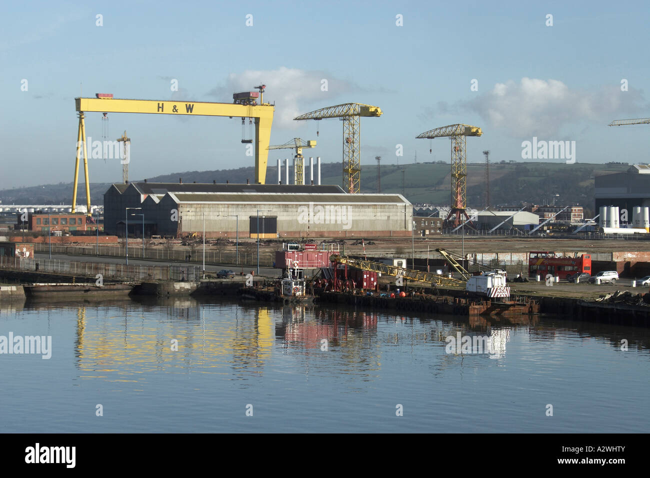 Belfast Harbour docks with David and Goliath Harland and Wolfff cranes ...