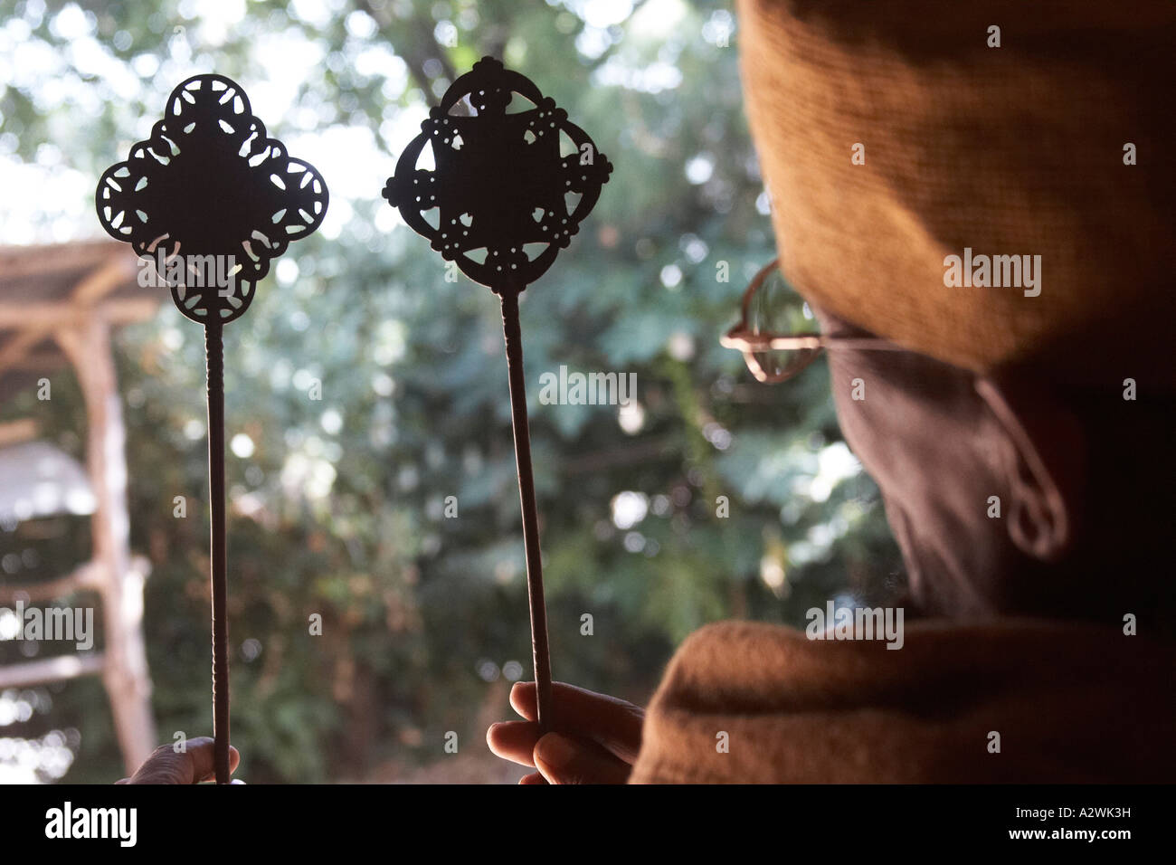 Monk showing two old 1313 crosses in museum Kibron Gebriel orthodox ...